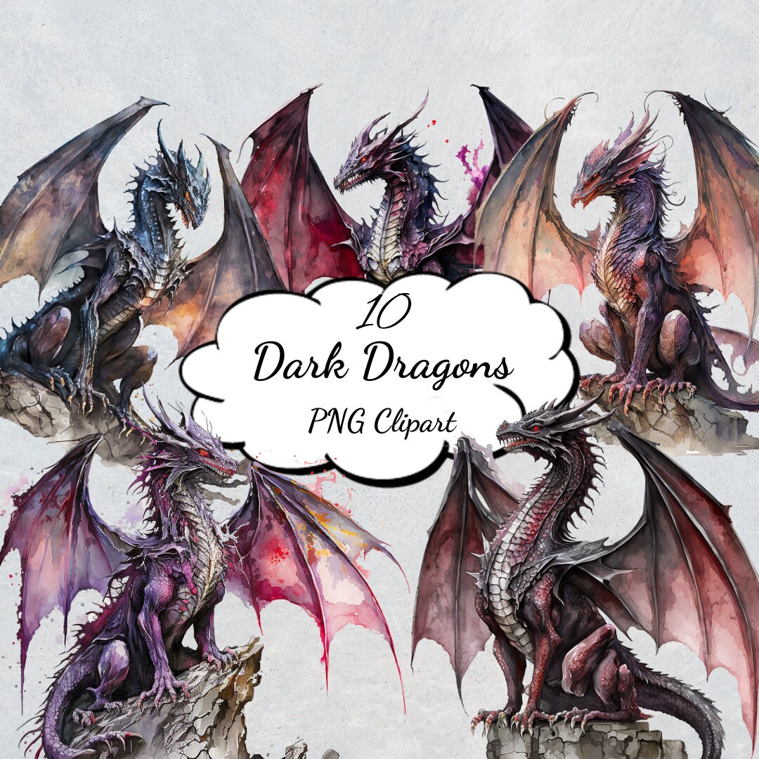 Watercolour Black Dragon Clipart Bundle 10x Dark Evil Dragons PNG Digital Image Downloads for ...