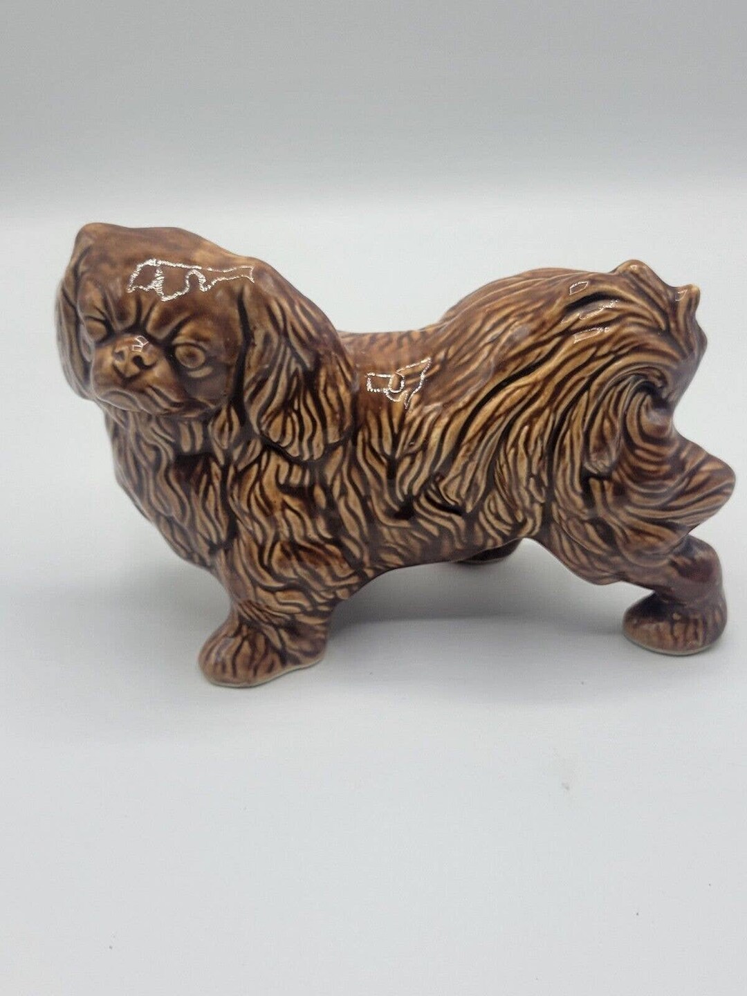 Vintage Chocolate Brown Glazed Pottery Pekingese Dog Figurine Great ...