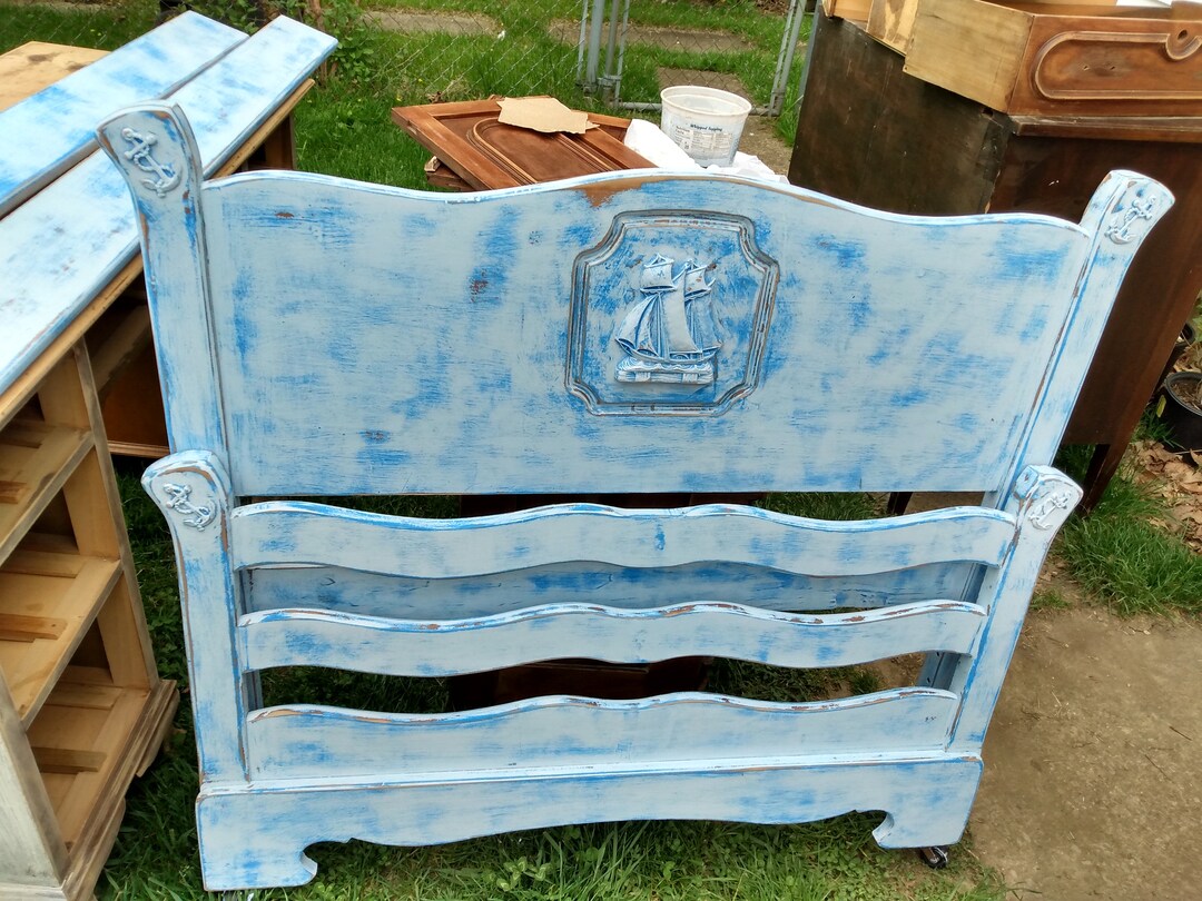 Antique Blue Painted Twin Size Bed Frame Tall Ship Coastal - Etsy