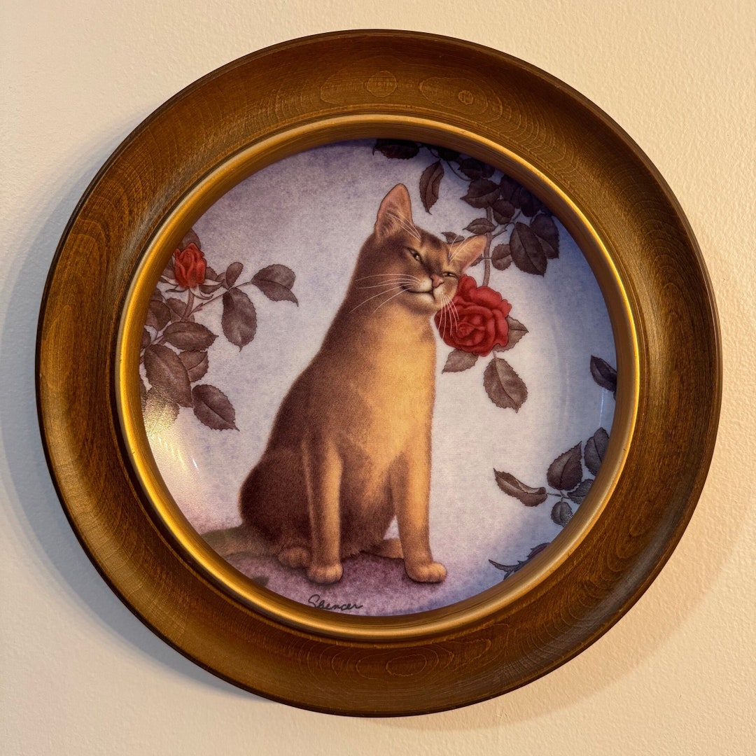 Vintage Cat Art, Framed Cat Plate, Cat Art Framed, Ceramic Cat Plate ...