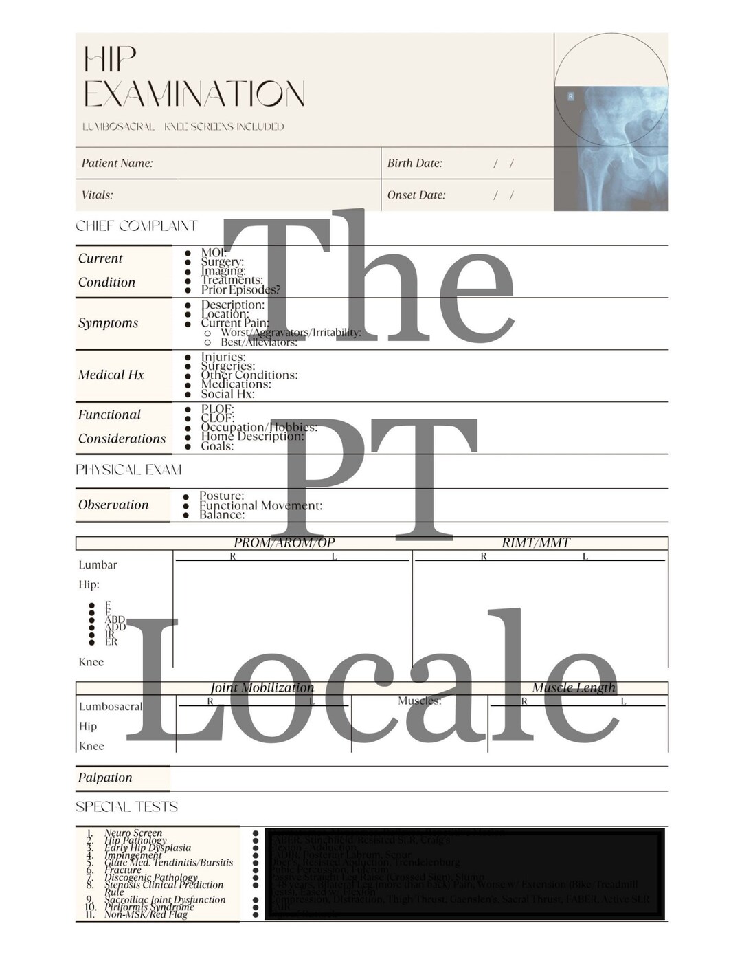Hip Region Physical Therapy Outpatient Exam Form - Etsy