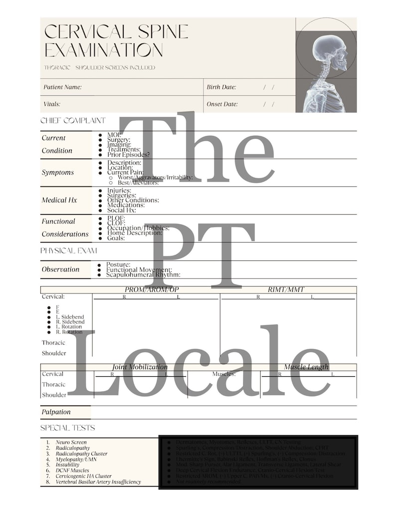 Cervical Spine Region Physical Therapy Outpatient Exam Form - Etsy