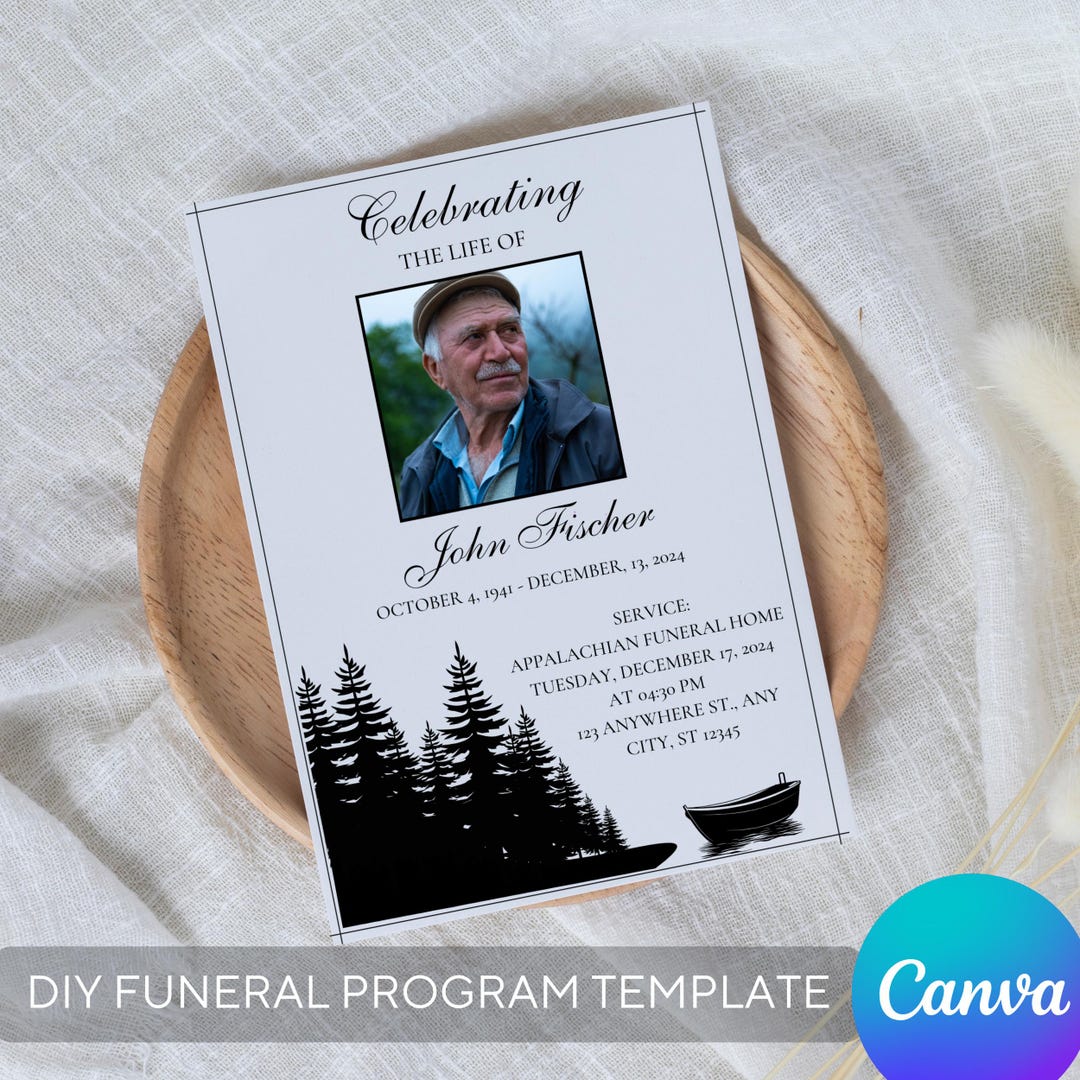 Minimalistic Funeral Program Template Canva Black and White Religious ...