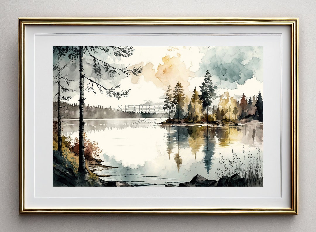 Lake Island Warm-toned Lakefront Watercolor Painting, Shoreline ...