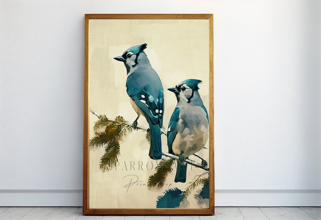 Feathered Friends Vintage Blue Jay Painting, Printable Bird Wall Art, Bluejay Home Decor, Bird ...
