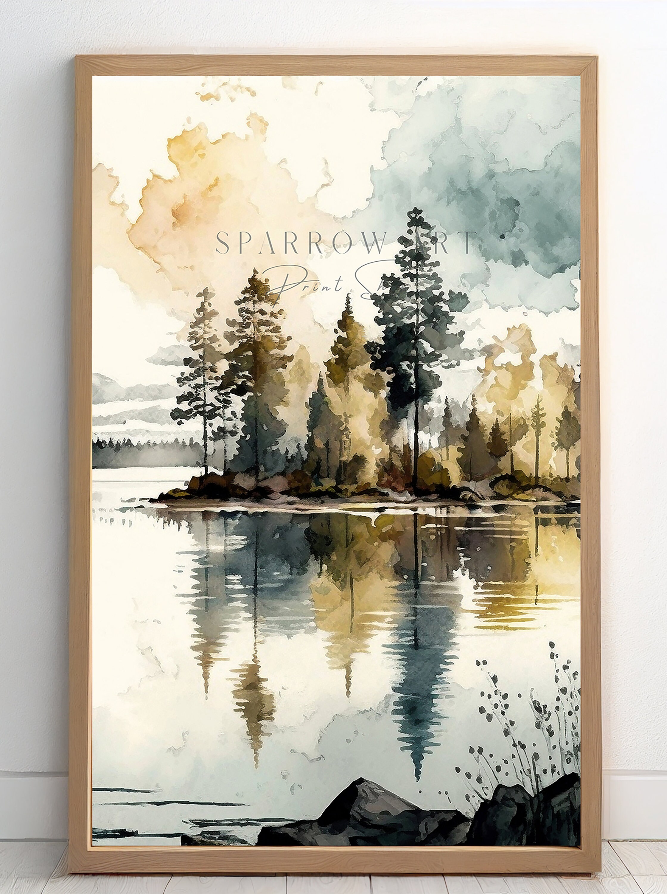 Lake Island Warm-toned Lakefront Watercolor Painting, Shoreline ...