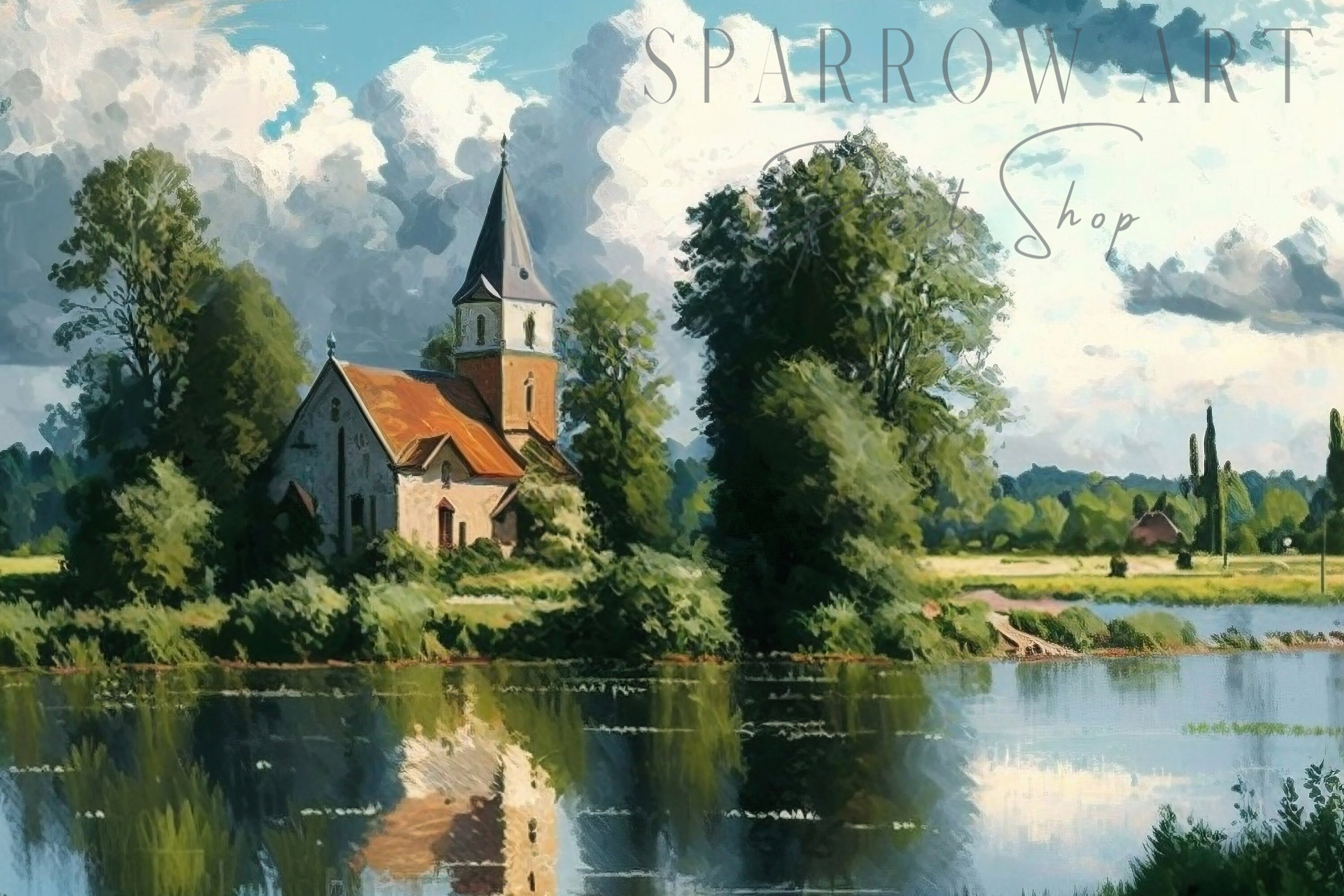 Little Church Classical European Church Landscape, Downloadable Art ...