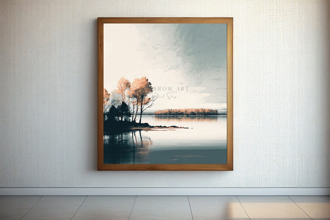 Lakeside Classical Waterfront Painting, Printable Shoreline Wall Art ...