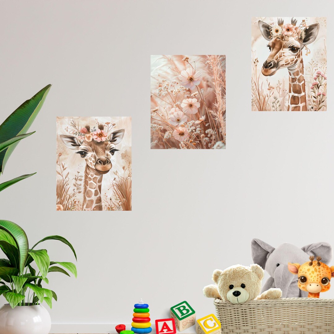 Giraffe Nursery Wall Art Set - Boho Safari Animal Prints - Floral ...