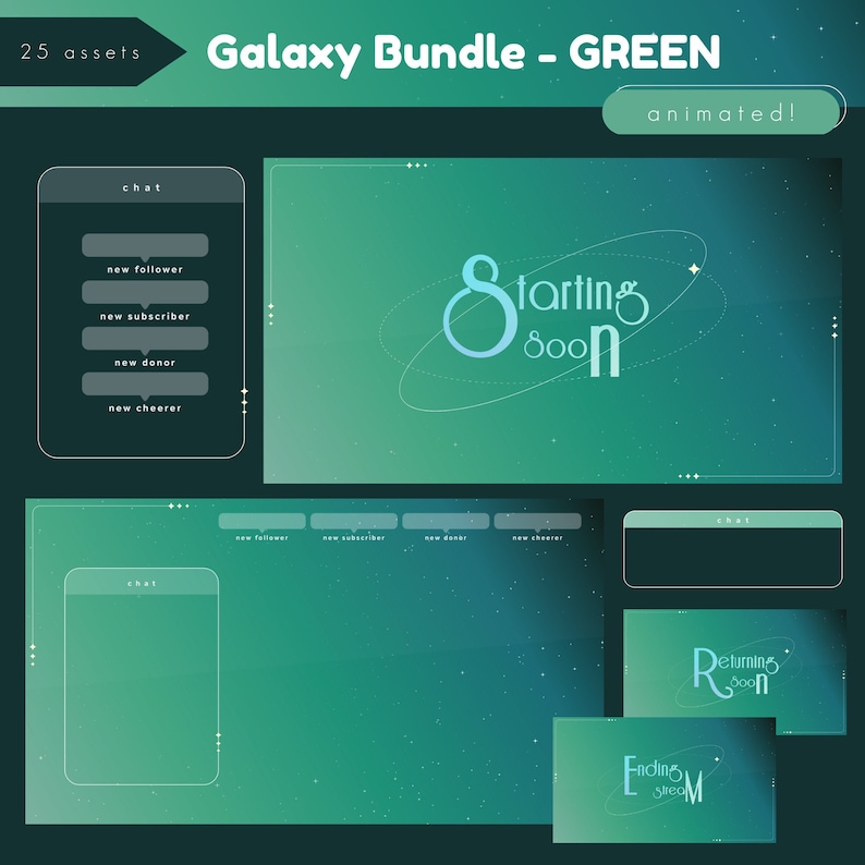 Galaxy Streamer Bundle (green) - Stream Screens, Overlays, Transition ...