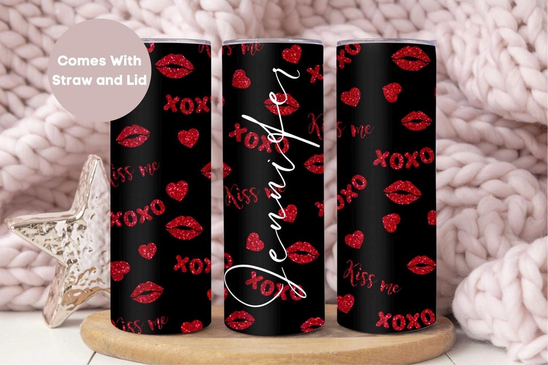 Personalized Red and Black Heart Tumbler With Straw and Lid, Custom ...