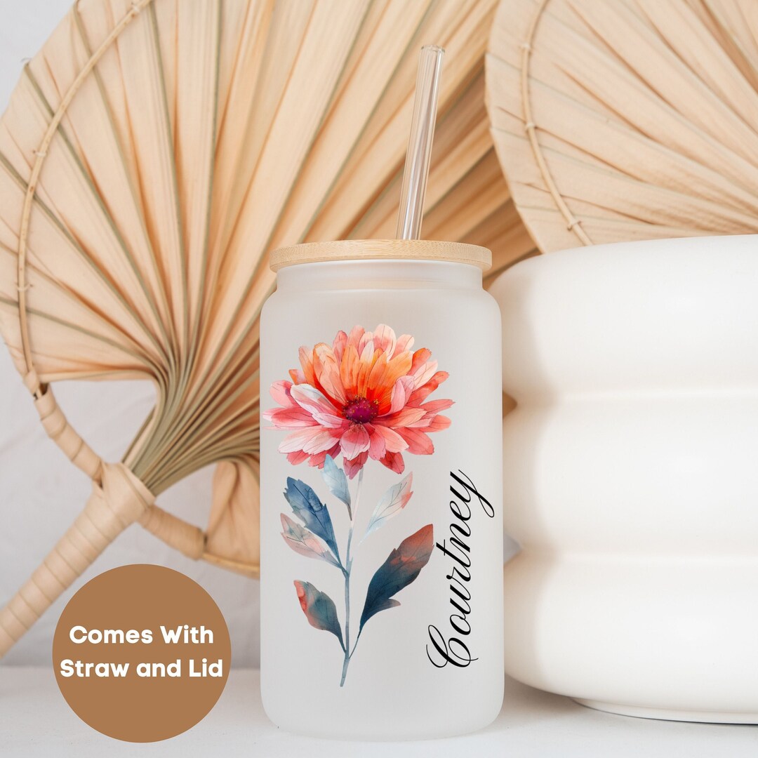 Personalized Birth Flower Frosted Cup With Name, Custom Birth Flower ...
