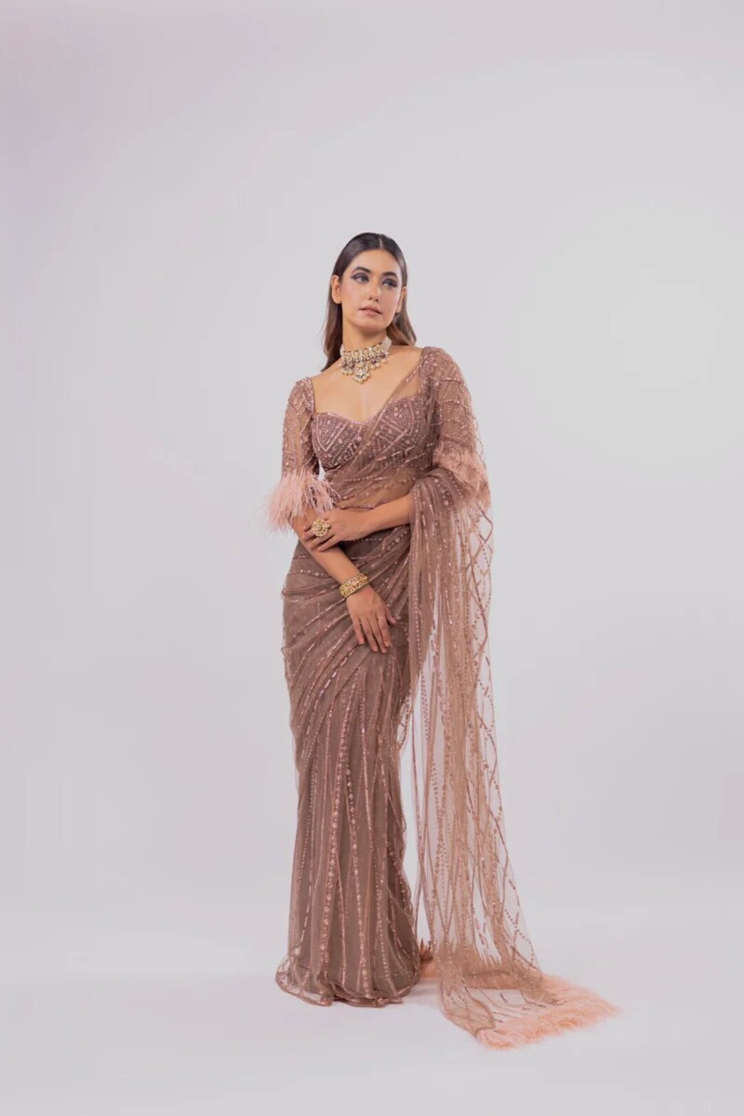 Smoke Brown Sequins Sari Hand-embroidered Blouse Exquisite Sequin Heavy ...