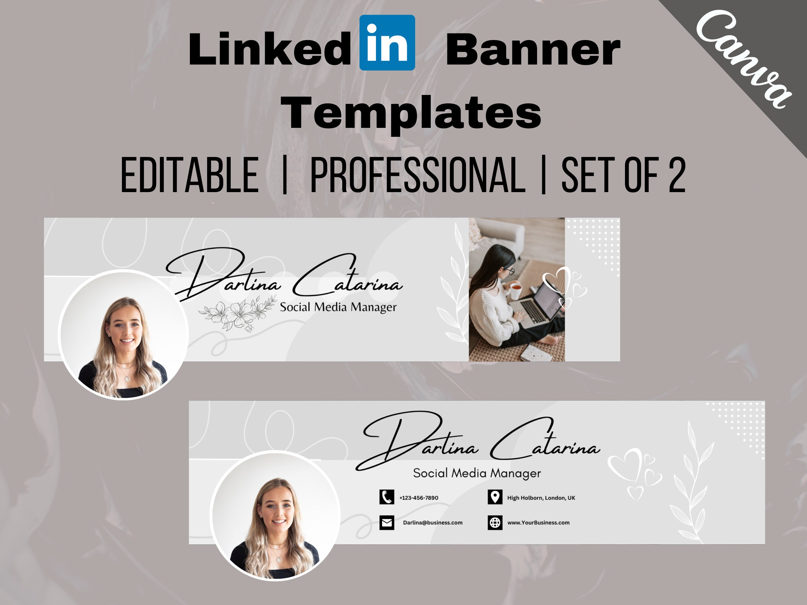 2 Professional Linkedin Banner Personalised Canva Template Linked in ...