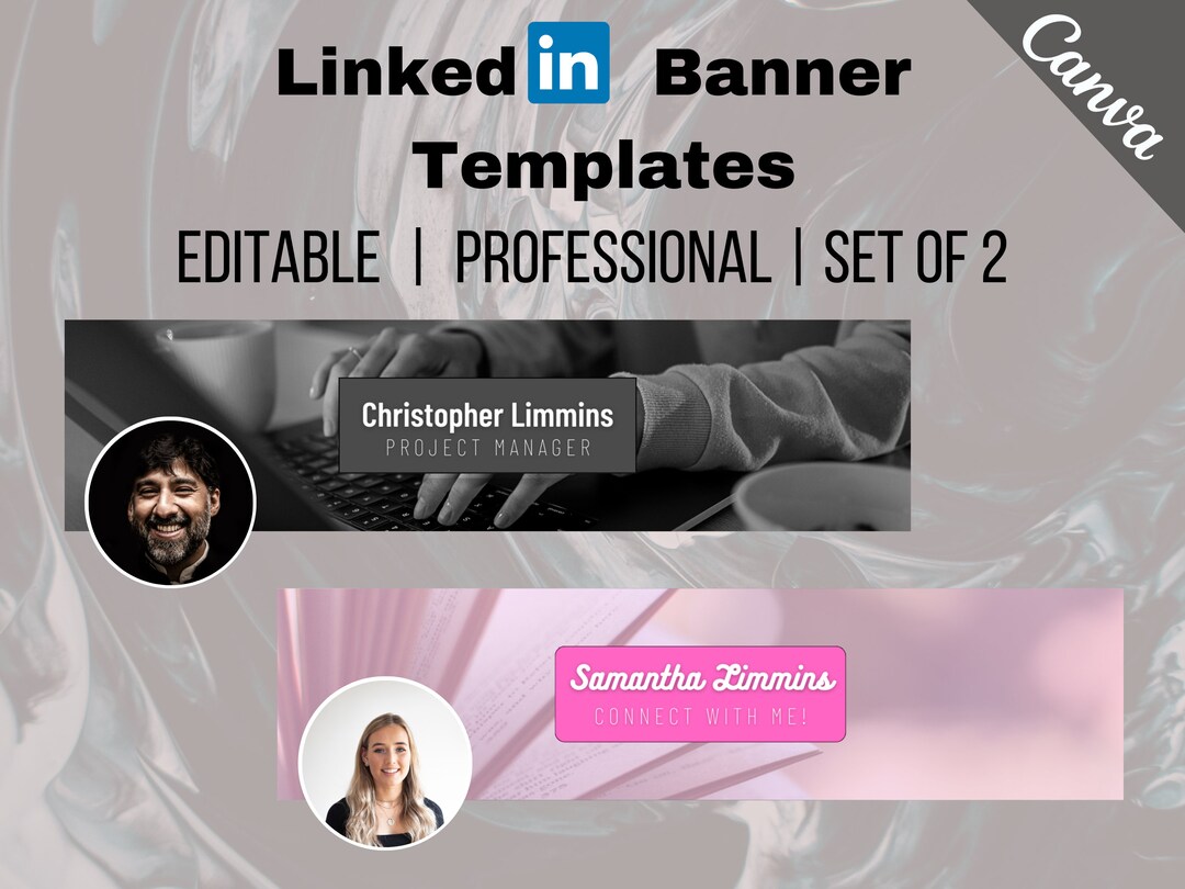 2 Modern Linkedin Banners Personalised Canva Template Linked in Black ...