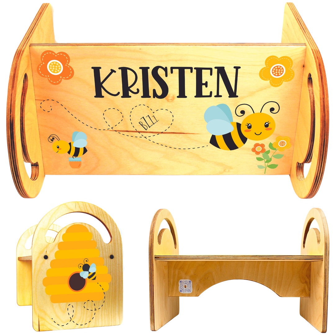 Toddler Step Stool Gift, Cute Bee Wood Bed Step Stool for Gift, Birch ...