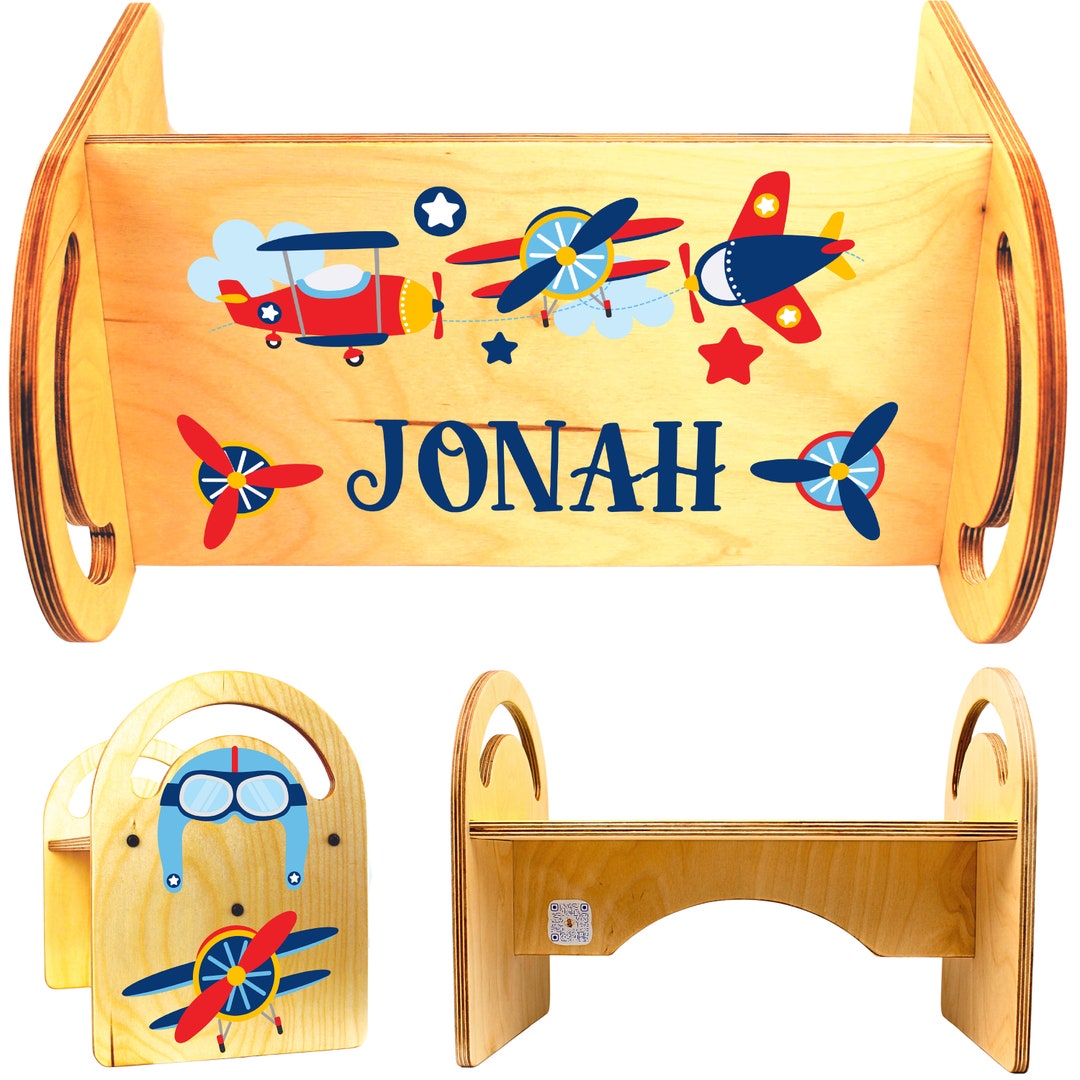 Toddler Step Stool Gift, Airplane Themed Bed Step Stool for Gift, Birch ...