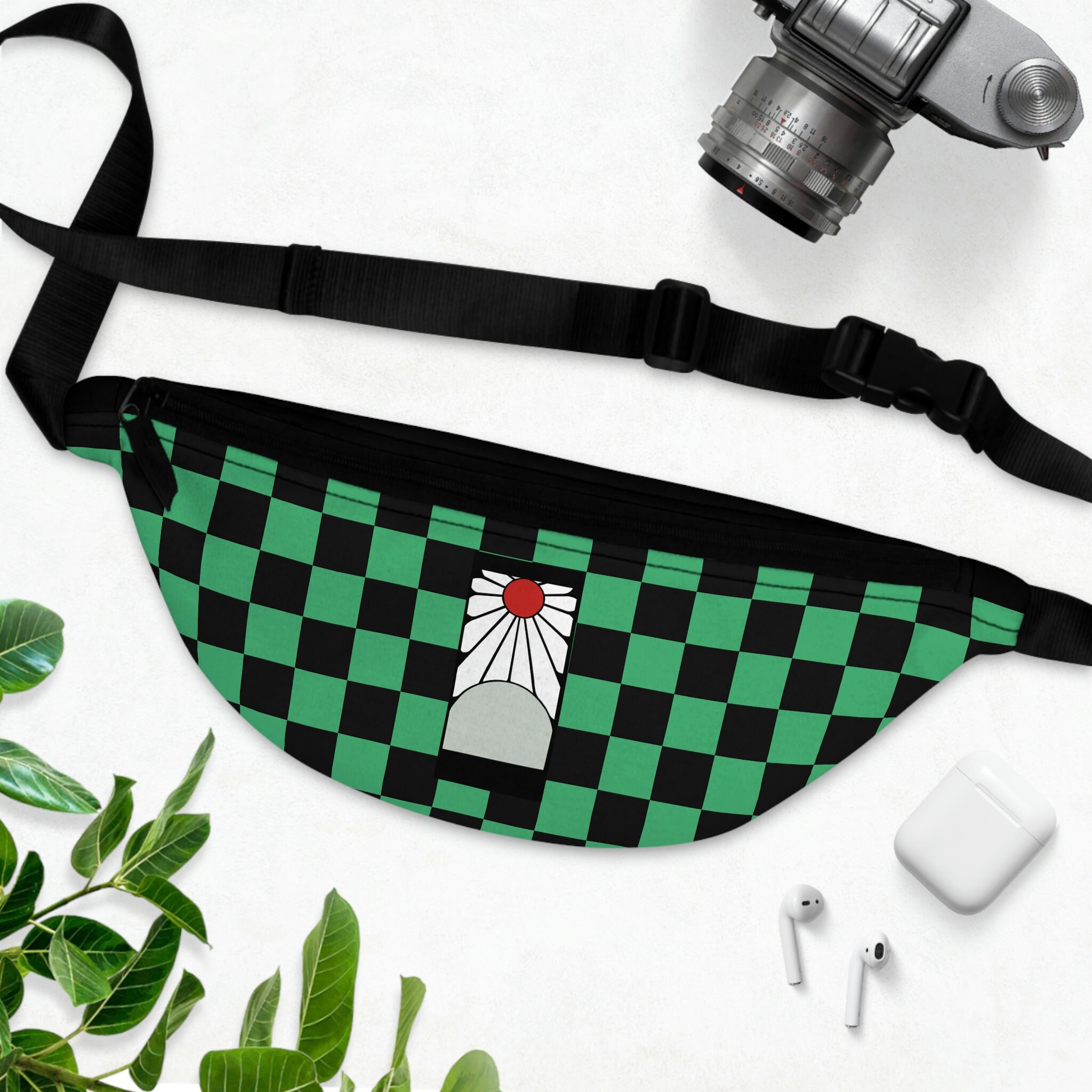 Anime Black and Green Checker Pattern Fanny Pack Sling With Adjustable ...