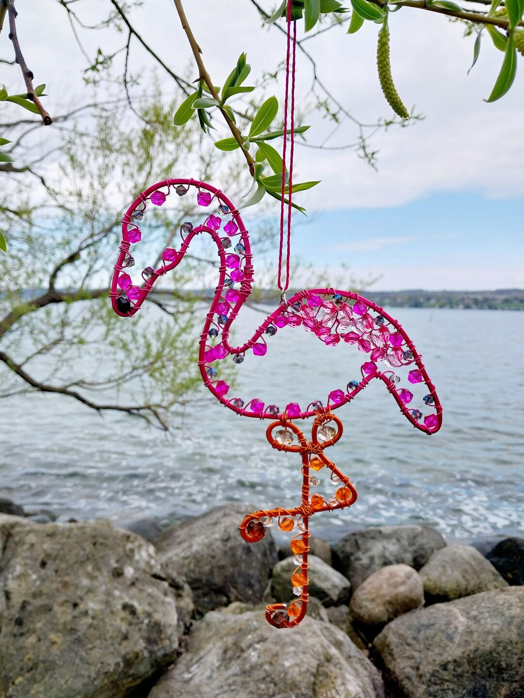 Pink Flamingo Crystal Beaded Suncatcher Wire Wrapped Hanging - Etsy