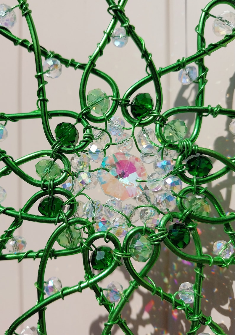 Green Beaded Abstract Wire Suncatcher, Wire Wrapped, Handmade, Window ...