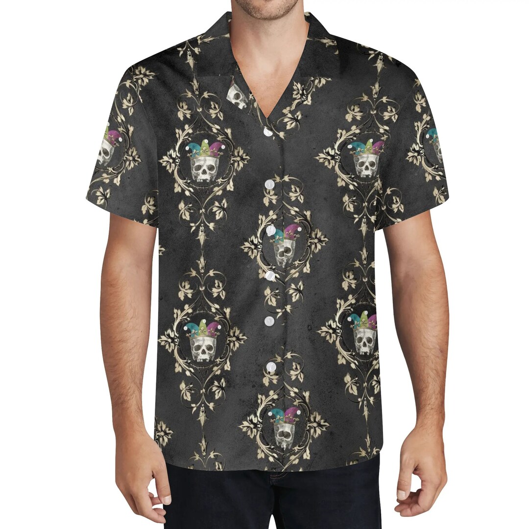 Men's Hawaiian Shirt, Joker Skulls All Over Print, Casual Black Button ...