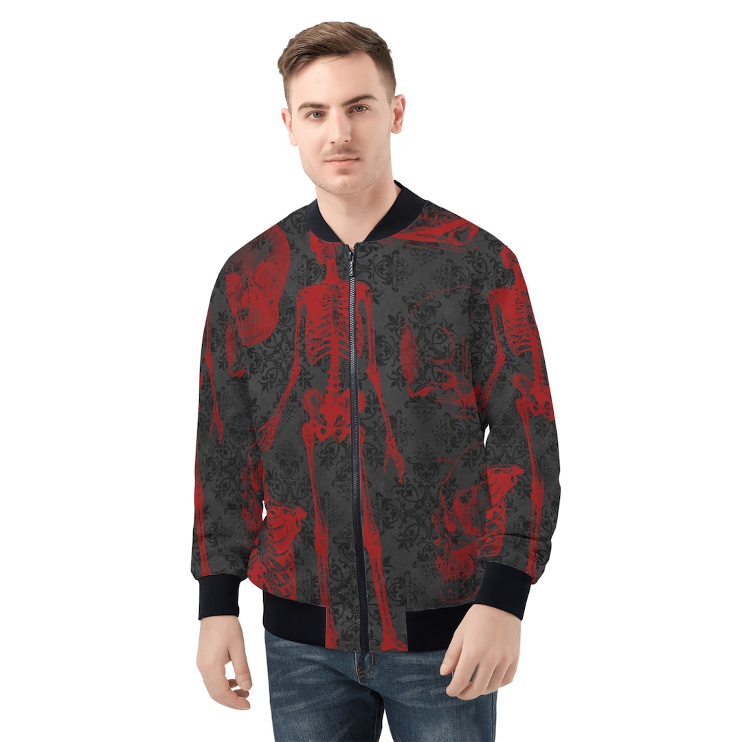 Men's Bomber Jacket Vampire Skeleton Design Black and Red Jacket Zip up ...