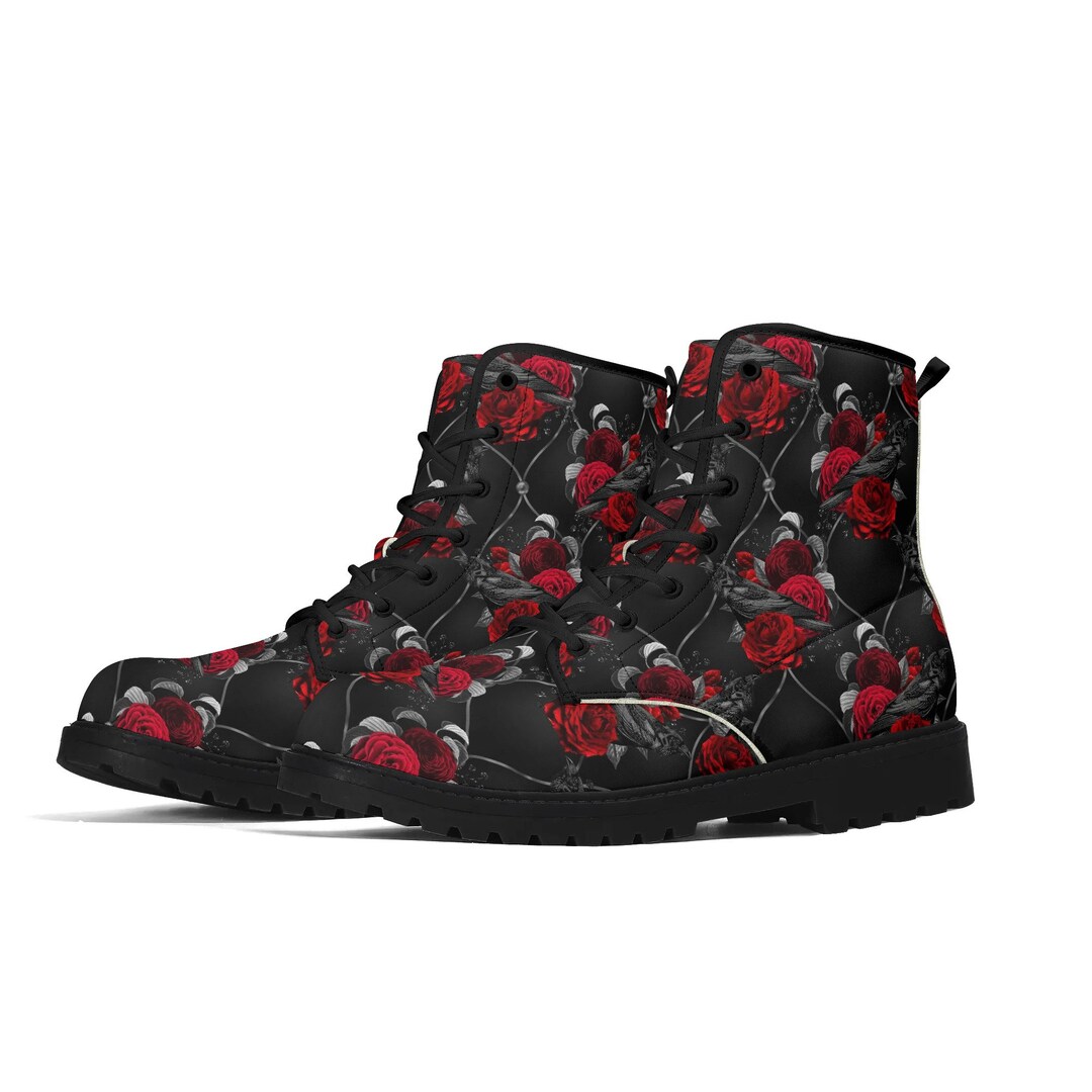 Women's Boots Black Ravens & Red Roses Pattern Dark Mysterious Footwear ...