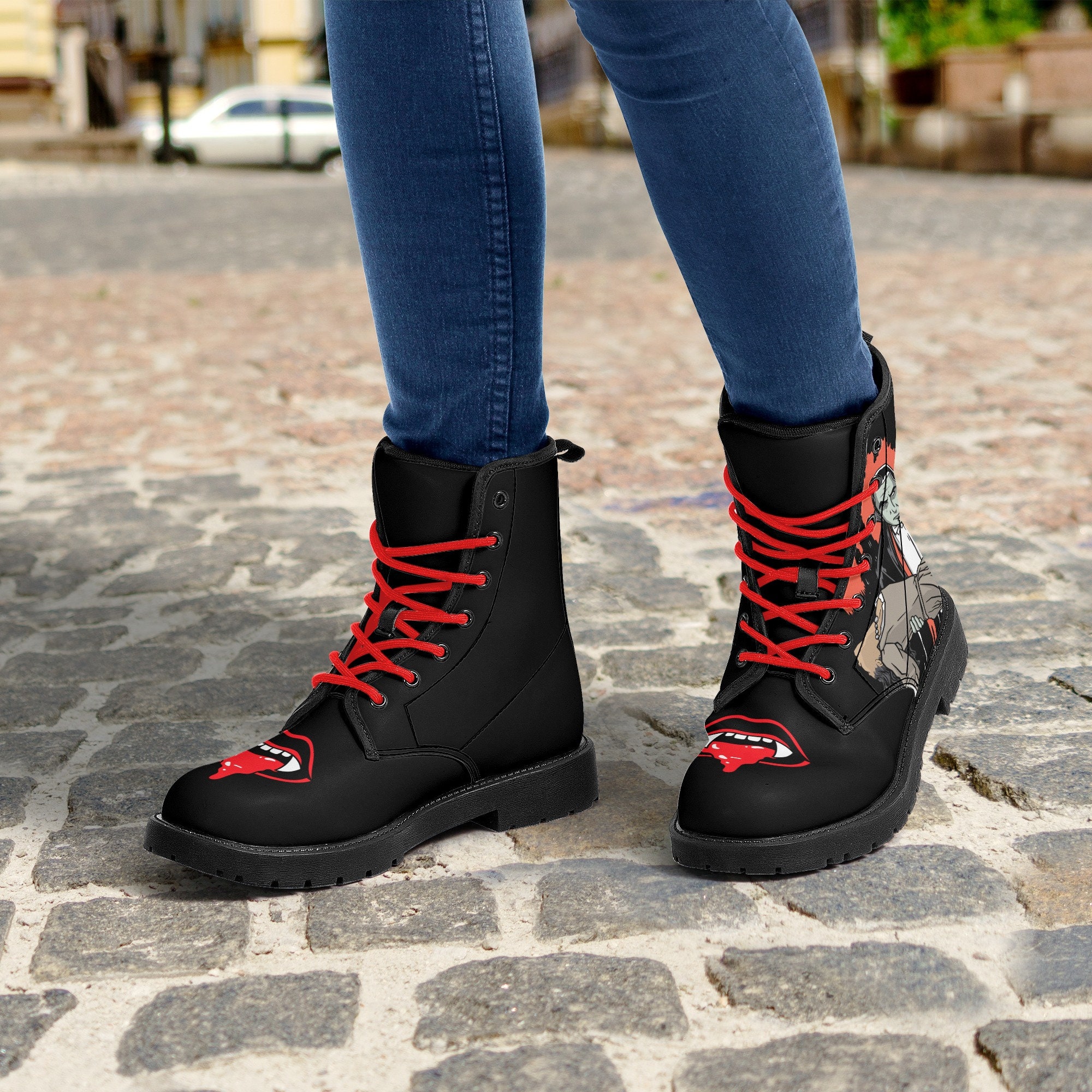Vampire Woman Boots Chic Leather Boots Featuring Dracula Carrying a ...