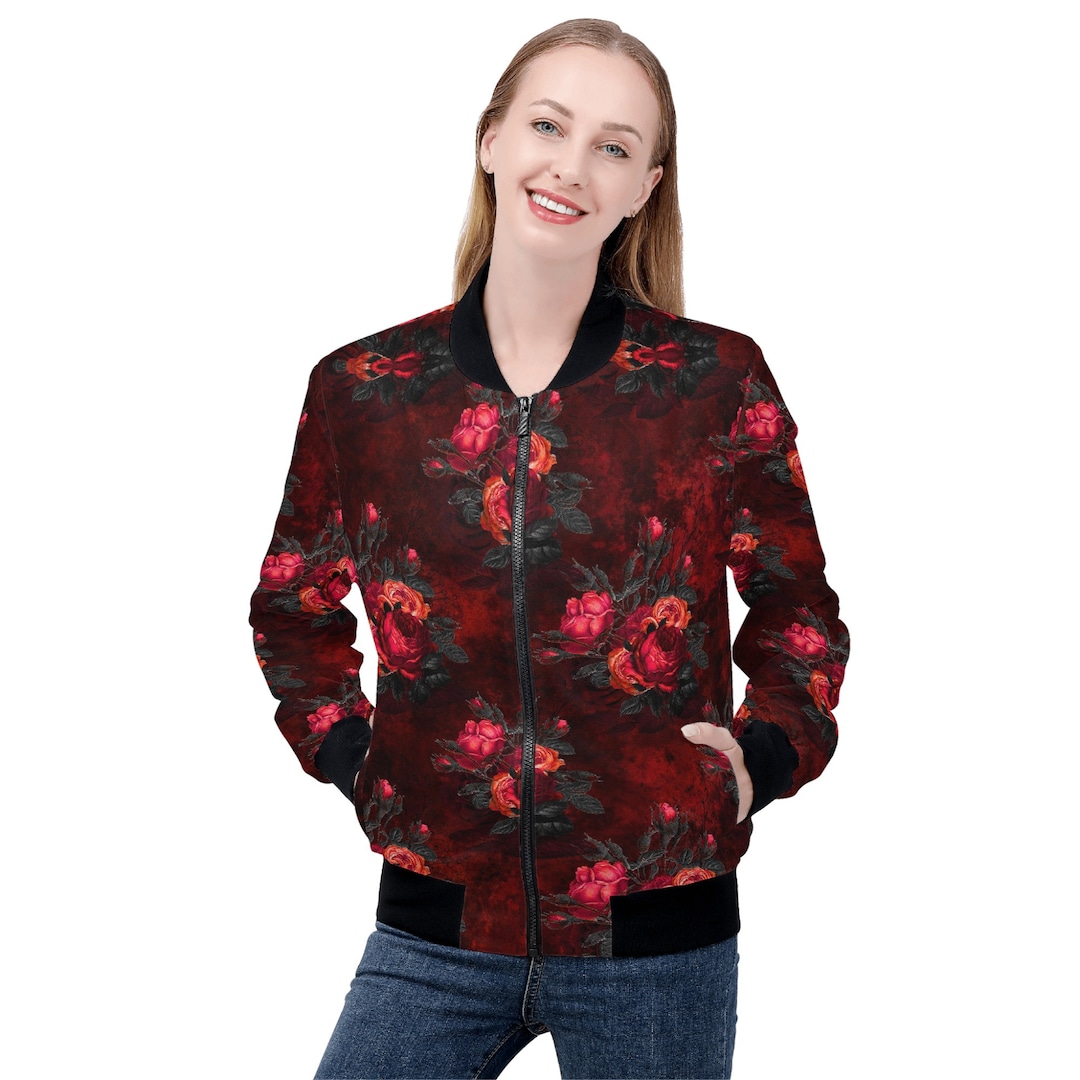 Women's Bomber Jacket Floral Pattern Roses Design Red & Black Jacket ...