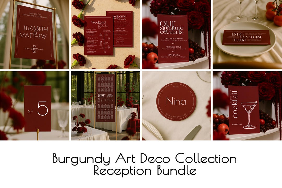 Burgundy Art Deco Wedding Signs Bundle – Editable Reception Signage Set ...