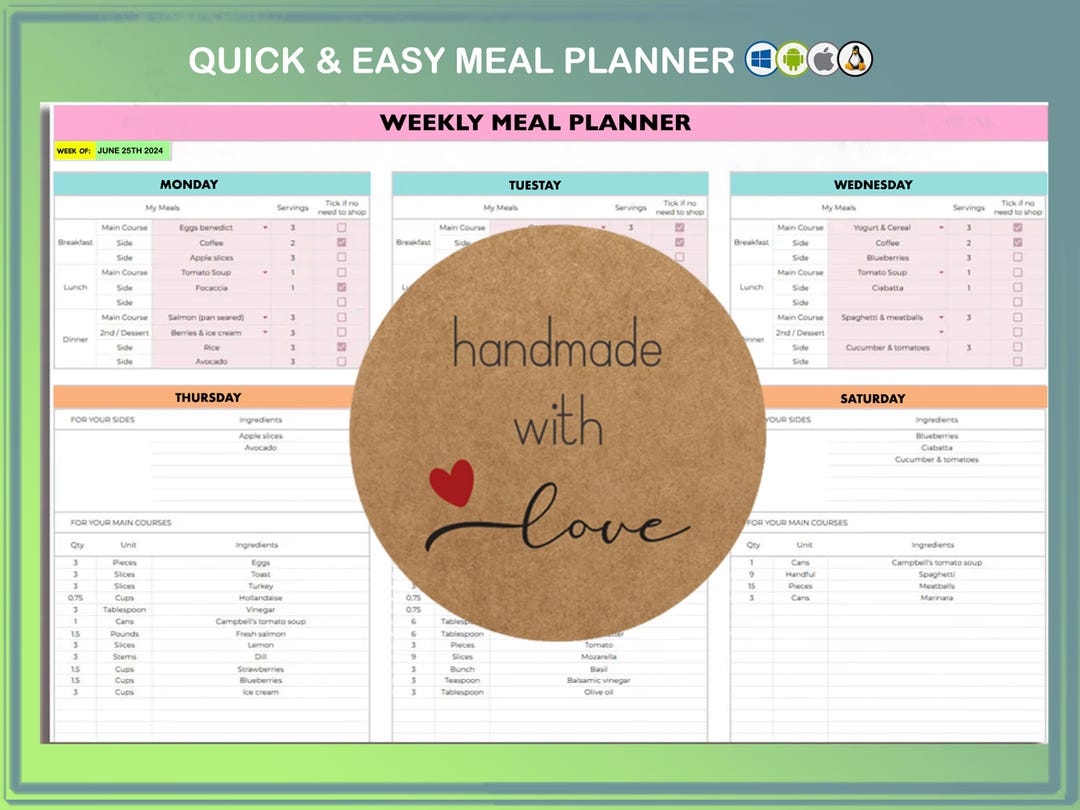 Digital Weekly Meal Planner & Grocery List | Google Sheets Template ...