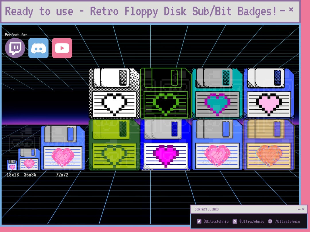 Retro Floppy Disk Sub and Bit Badges for Twitch, Discord, and Youtube ...