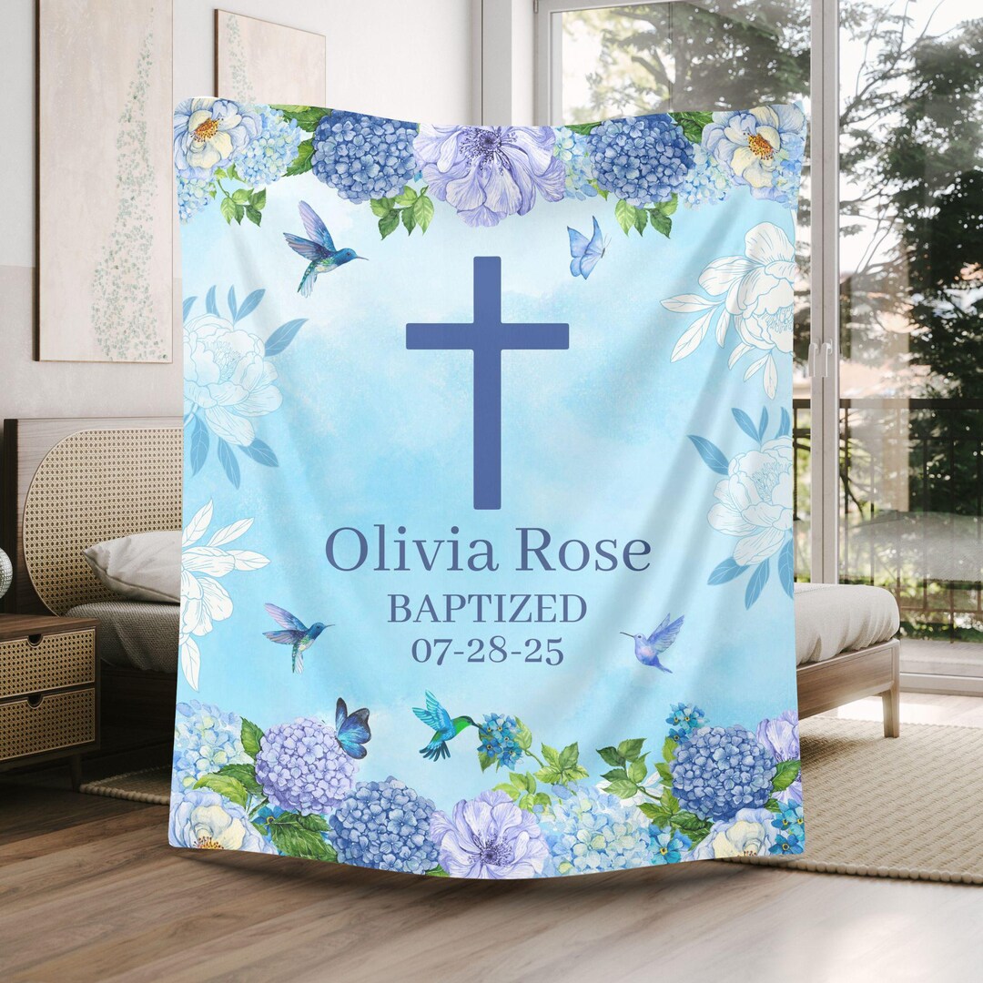 Personalized Baptism Blanket Girl, Blue Floral Throw, Baptism Keepsake ...