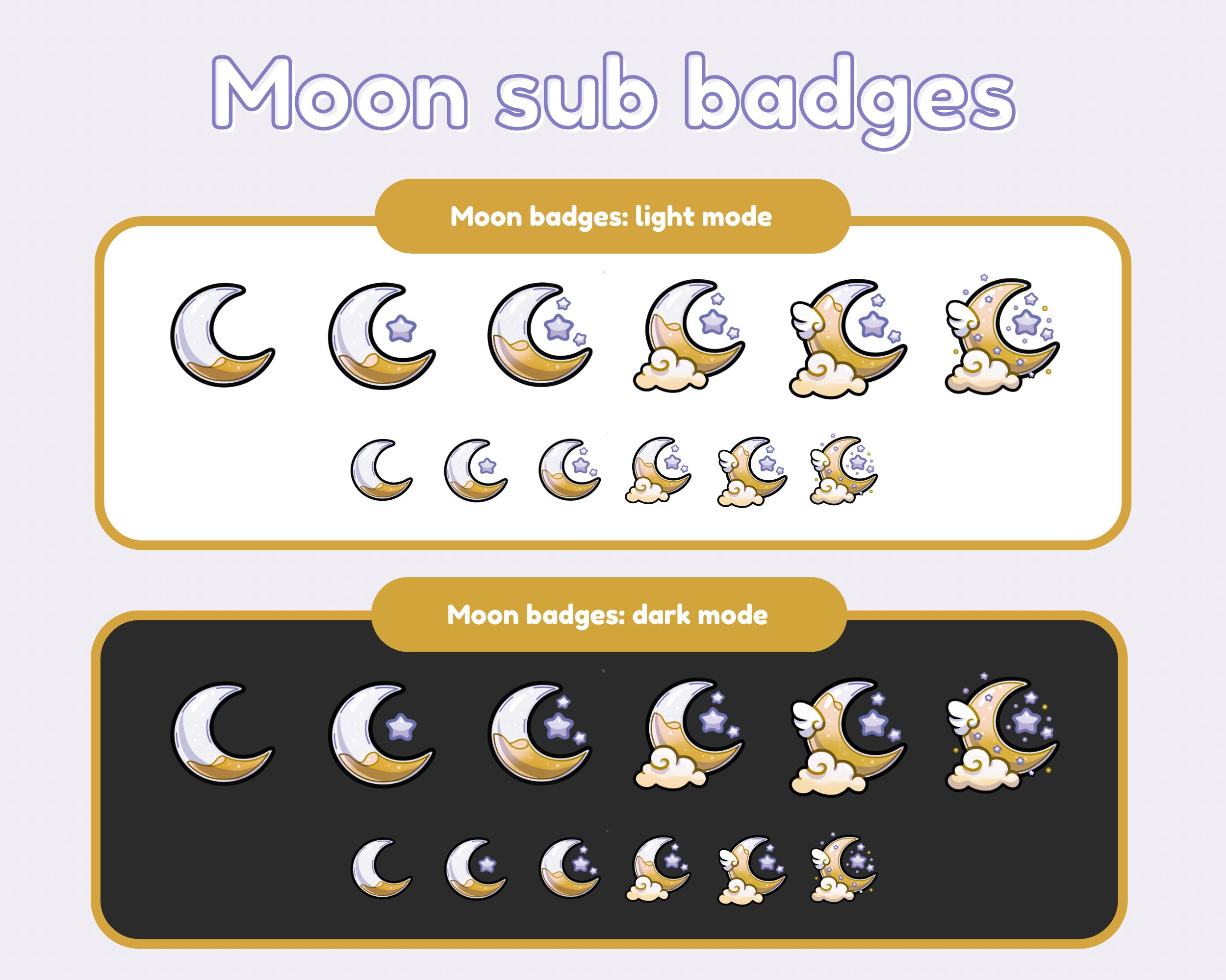 Cute Yellow and Purple Moon Aesthetic Twitch Sub Badges Aesthetic Luna ...