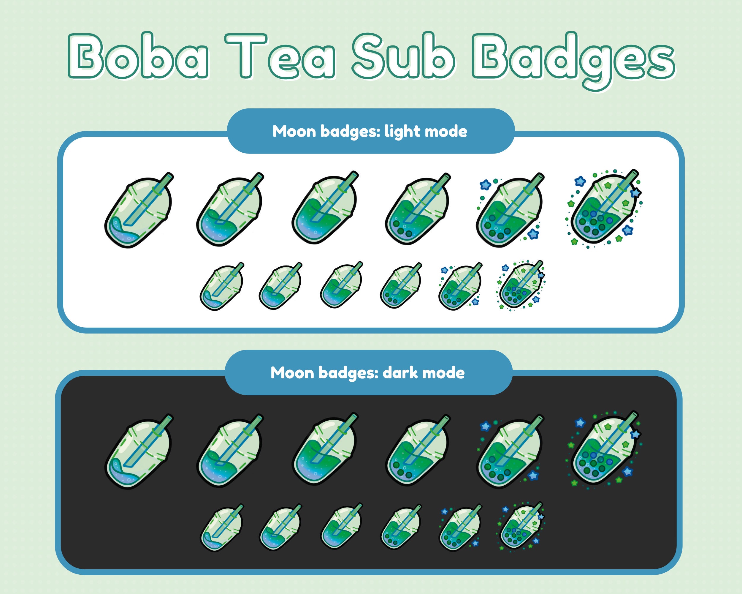 6 Green Bubble Tea Twitch Badges, Boba Tea Sub Badges, Kawaii Streamers ...