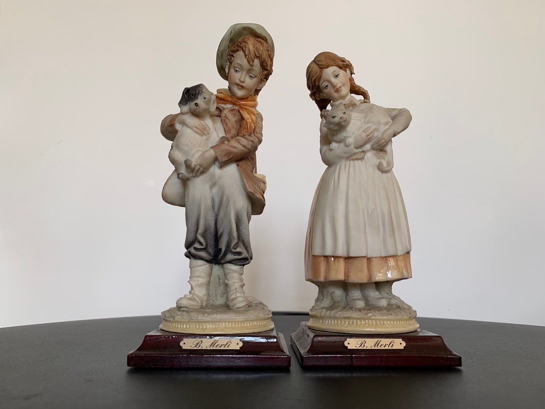 Vintage Bruno Merli Capodimonte Figurines: Boy Holding a Dog and Girl ...