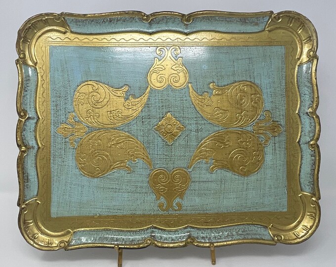 Florentine Aqua and Gold Gilt Tray, Italian Florentine Tray, Blue Tray ...