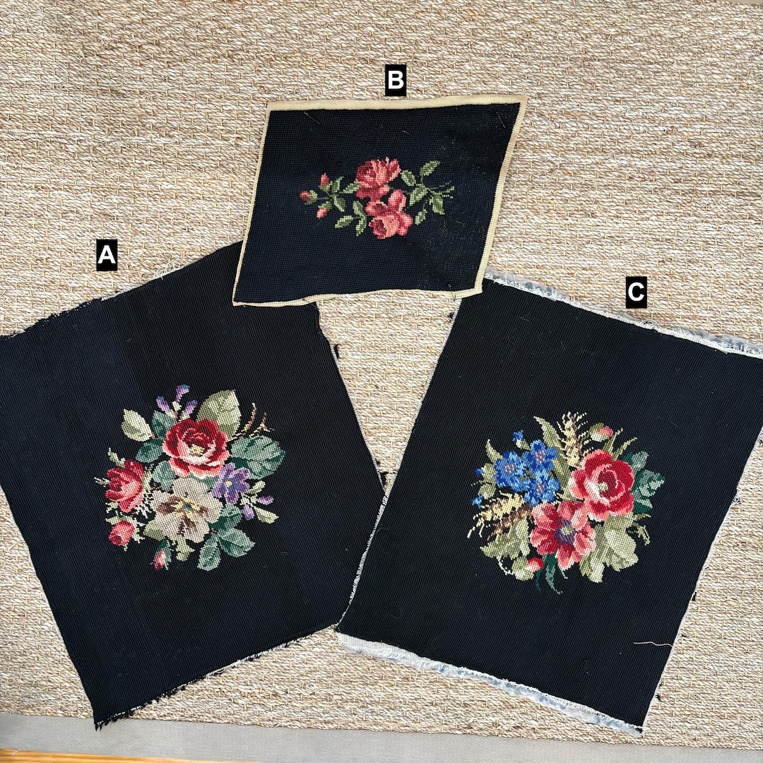 Vintage Handcrafted Needlepoint, Set of 3 Black With Floral Motif ...