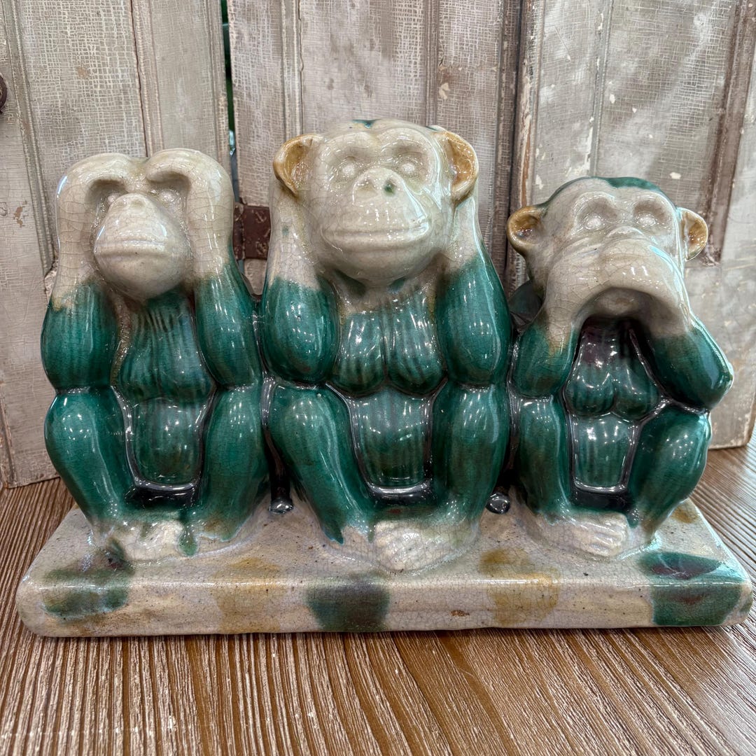 Vintage 3 Wise Monkeys Ceramic Figurine: Crackle Glaze Decor - Etsy