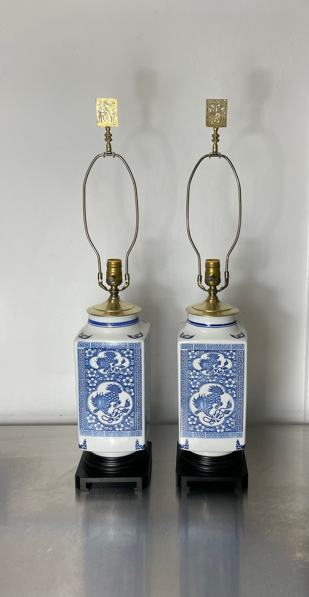 Pair of Double Foo Dog Blue and White Lamps Solid Brass Finial Perfect ...