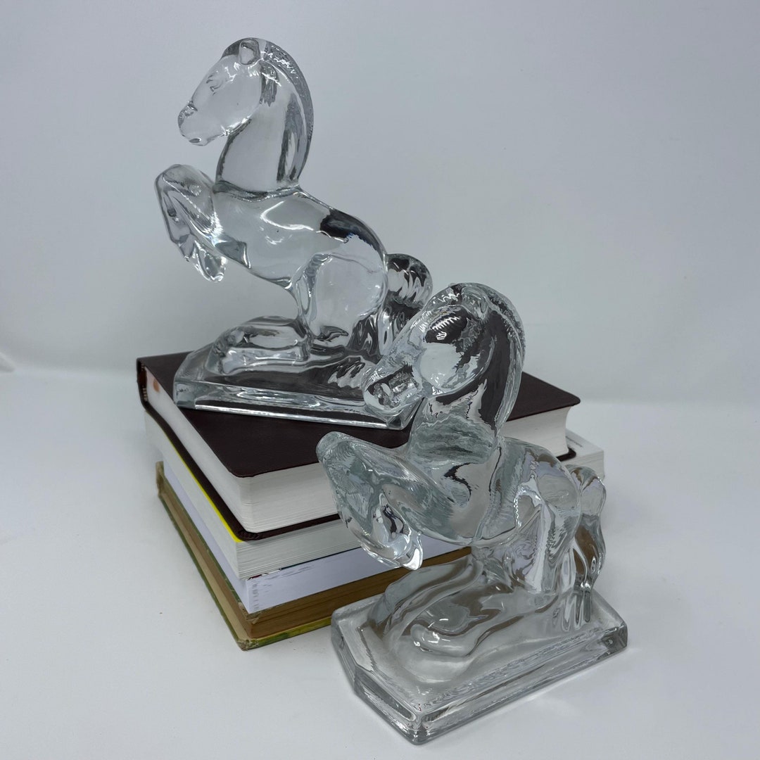 Vintage LE Smith Glass Bookends, Crystal Clear Glass Horse Bookends ...