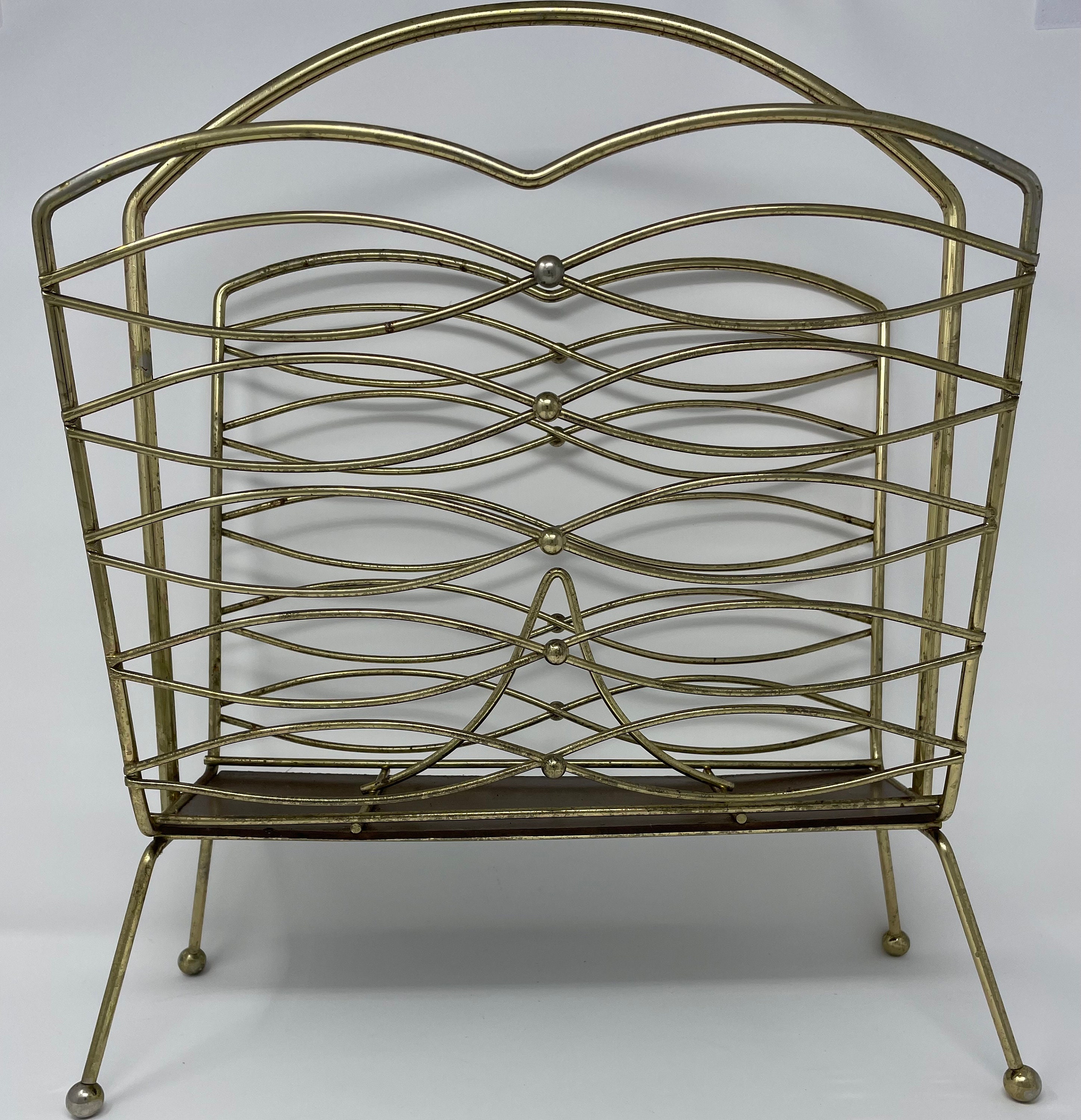 Magazine Rack Mid-century Modern Gold and Wood Grain, MCM Magazine Rack ...