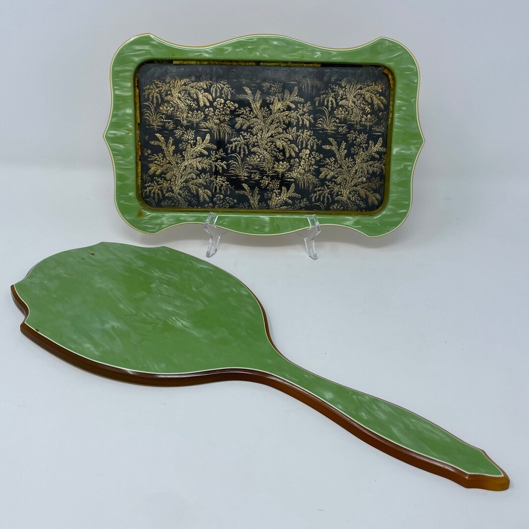 Green Celluloid Hand Mirror W Matching Tray With Black/gold Fabric ...