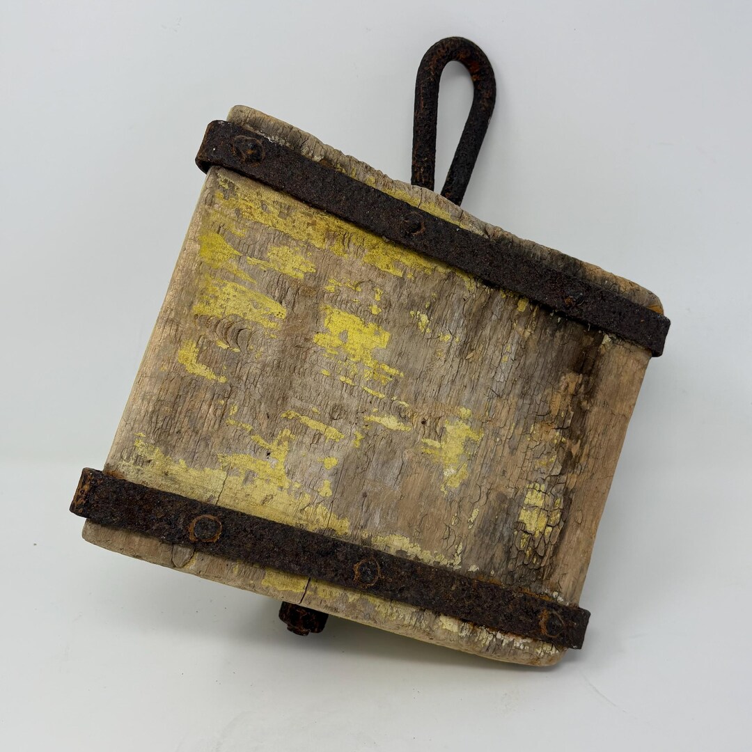 Antique Wood Wheel Chock: Chippy Yellow Paint, Wrought Iron Straps - Etsy