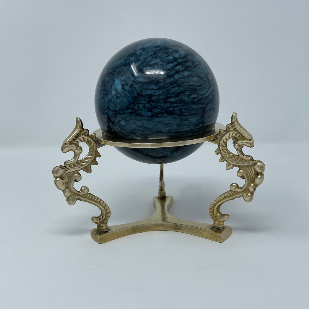 Blue Marble Sphere on Solid Brass Asian Base, Brass Asian Stand With ...