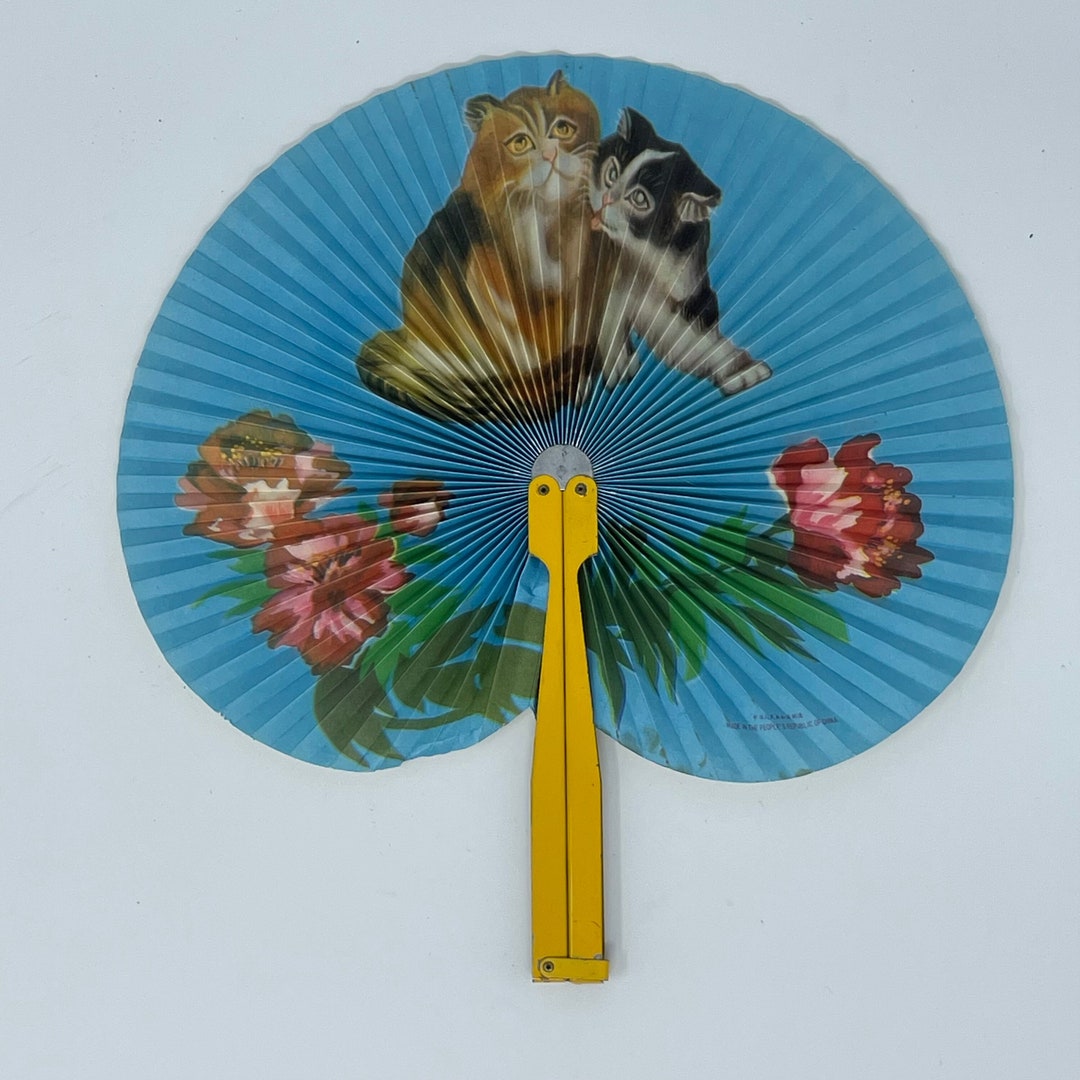 Vintage Chinese Paper Fan With Cats, Vintage Metal Frame & Folded Paper ...