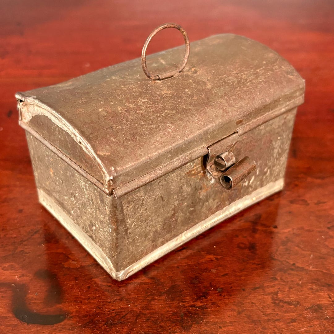Miniature 4"w Antique Domed Tin Hinged Box W Handle, Hinge & Lock ...