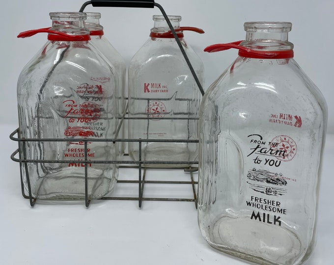 Vintage Milk Bottles With Metal Caddy, 4 Vintage Milk Bottles, Vintage ...