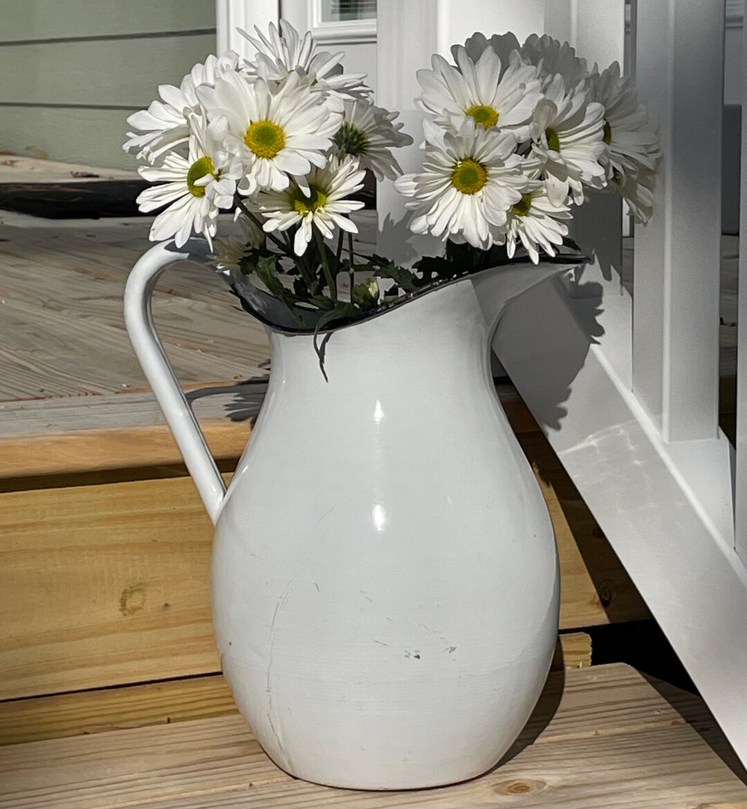 Large Antique Enamelware Pitcher, Vintage Enamelware Pitcher, White ...