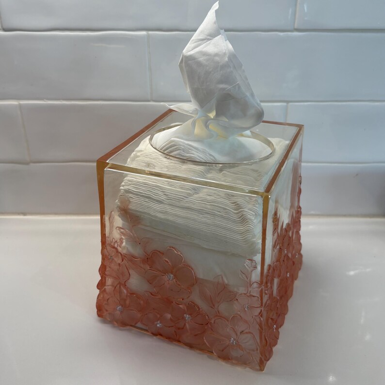 Vintage Pink Plexiglas Floral Tissue Box - Etsy